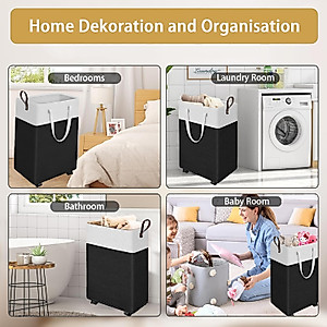 Laundry Basket with Wheels, Collapsible Waterproof Laundry Hamper with Easy Carry Handles for Clothes, Rolling Slim Small Laundry Basket for Bedroom, Dorm, Towels, Toys, 90L