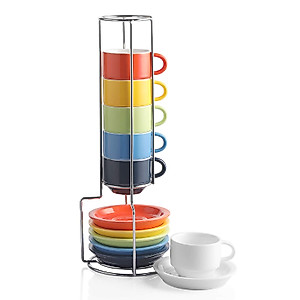 SWEEJAR Porcelain Espresso Cup & Saucer Set, Stackable Demitasse Cups with Metal Stand, 2.5 OZ for Latte,Coffee,Cafe Mocha,Tea, Set of 6(Multi)