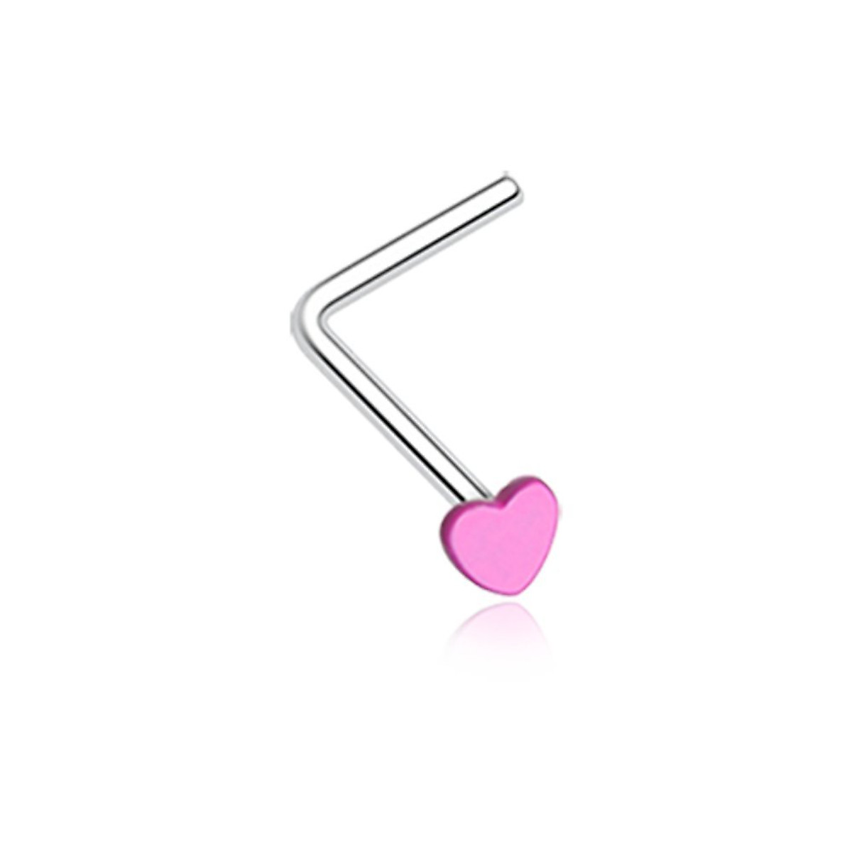 Freedom Fashion Vibrant Enamel Heart L-Shaped 316L Surgical Steel Nose Stud Ring (Sold Individually) (20 GA, 9/32", Pink)