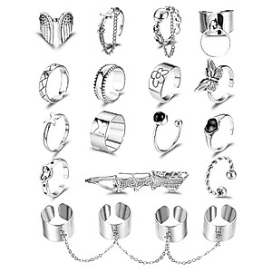 ZELORES 16Pcs Vintage Silver Knuckle Rings for Men Women Adjustable Open Chain Finger Rings Y2K Gothic Punk Stackable Ring Set
