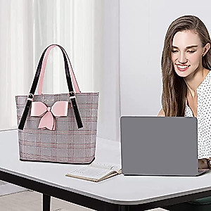 MOSISO Laptop Bag for Women Compatible with MacBook Air/Pro,13-13.3 inch Notebook,Compatible with MacBook Pro 14 inch 2023, PU Leather Large Capacity Travel Briefcase with Bowknot Grid MO-GID001GYPK