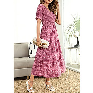 Kranda V Neck Short Puff Sleeve Smocked Ruffle Floral Midi Dress Dusty Rose XS