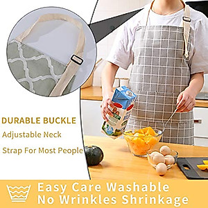 Tosewever 2 Pieces Cotton Linen Waterproof Bib Kitchen Apron with Pockets - Long Ties Adjustable Neck Strap - Unisex BBQ Cooking Drawing Crafting Aprons for Women Chef (Grey/Green, 2)