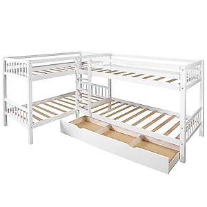 L-Shaped Bunk Bed with Drawers, Wood Twin Over Twin Bunk Beds with Drawers for Kids, Teens, Adults (White)