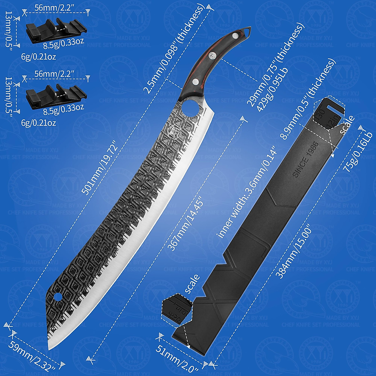 XYJ Slicing Japanese Chef Knife With Guards Protector,Curved Vegetable Butcher Knives Camping Kitchen Knives,Carving Brisket Knife,Full Tang (14.5 Inch)