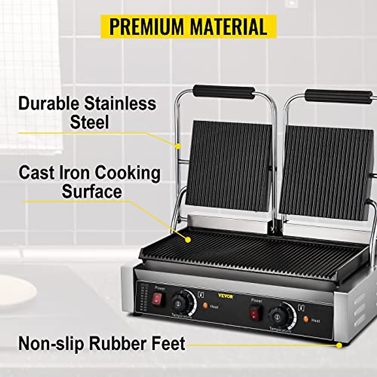 Happybuy 110V Commercial Sandwich Panini Press Grill 2X1800W Temperature Control 122°F-572°F Commercial Panini Grill for Hamburgers Steaks Bacons (Double Grooved Plates）