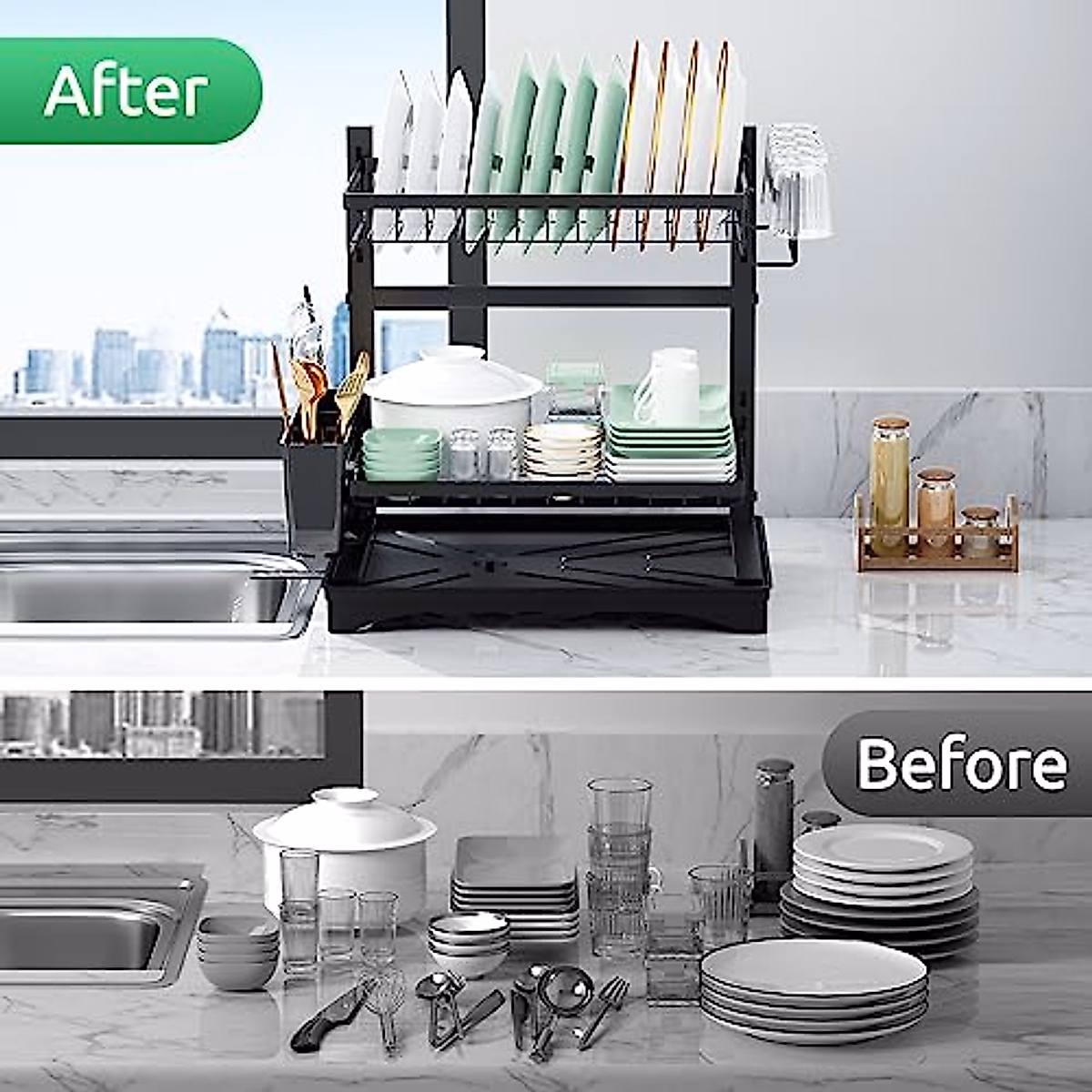 KOOTETA Dish Drying Rack, 2-Tier Dish Rack for Kitchen Counter, Space Saving Kitchen Drying Rack, Dish Dryer Rack with Drainboard, Utensil Holder and Cup Holders, Black