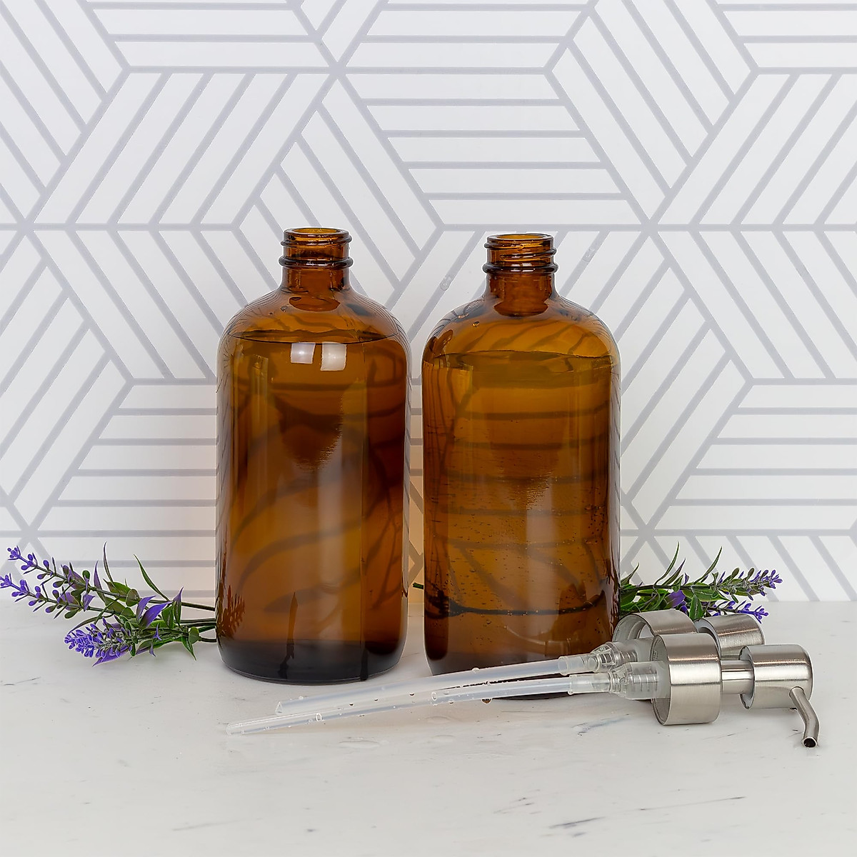 Cornucopia Brands 16-Ounce Amber Glass Bottles w/Stainless Steel Pumps (2-Pack); Lotion & Soap Dispenser Brown Boston Round Bottles for Aromatherapy, DIY