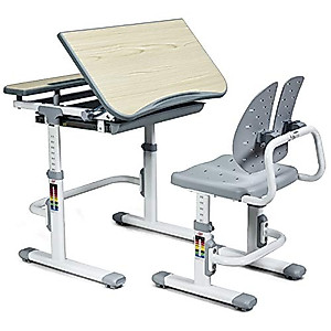 BABY JOY Kids Desk and Chair Set, Height Adjustable, Children Study Table with Tilted Desktop, Pull Out Spacious Storage Drawer, Student Writing Desk for Studying, Reading and Drawing (Gray)