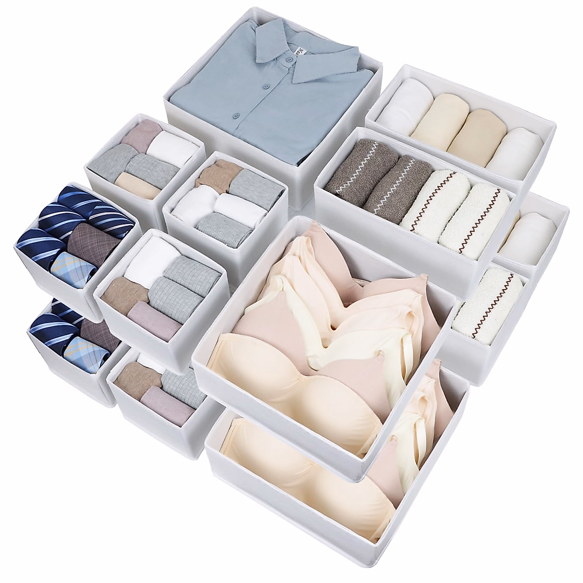 Fordonral 16 Pcs Drawer Organizer,Fabric Closet Organizer and Storage Baskets,Foldable Drawer Divider for Clothing,Sock,Ties,Underwear Drawer Organizers,Cabinet Storage Boxes (White)