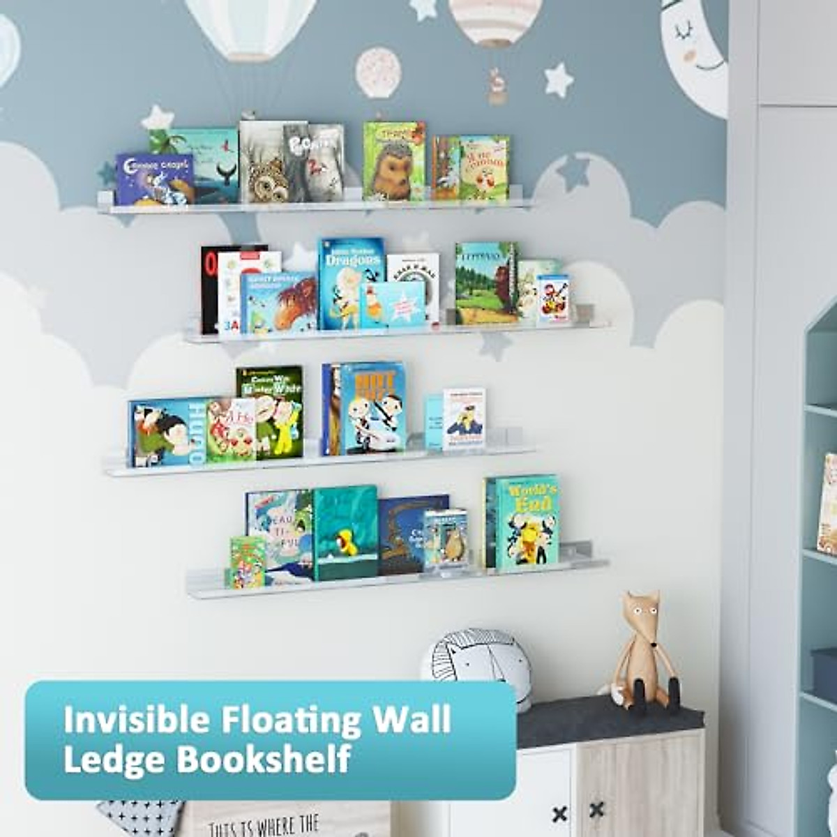 Albumgit 3 Pack Acrylic Wall Shelves, Self-Adhesive 15" Clear Floating Shelf Wall Mount, Invisible Kids Bookshelf, Display Storage Wall Ledge Shelves for Home Decoration and Organization