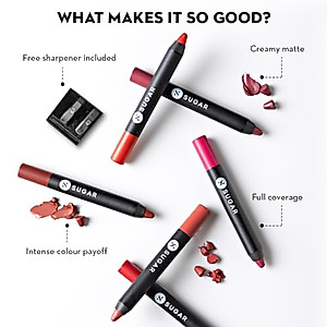 SUGAR Cosmetics Matte As Hell Crayon Lipstick - 15 Stephanie Plum (Plum Mauve) with Sharpener Highly Pigmented, Creamy Texture, Long Lasting Matte Finish