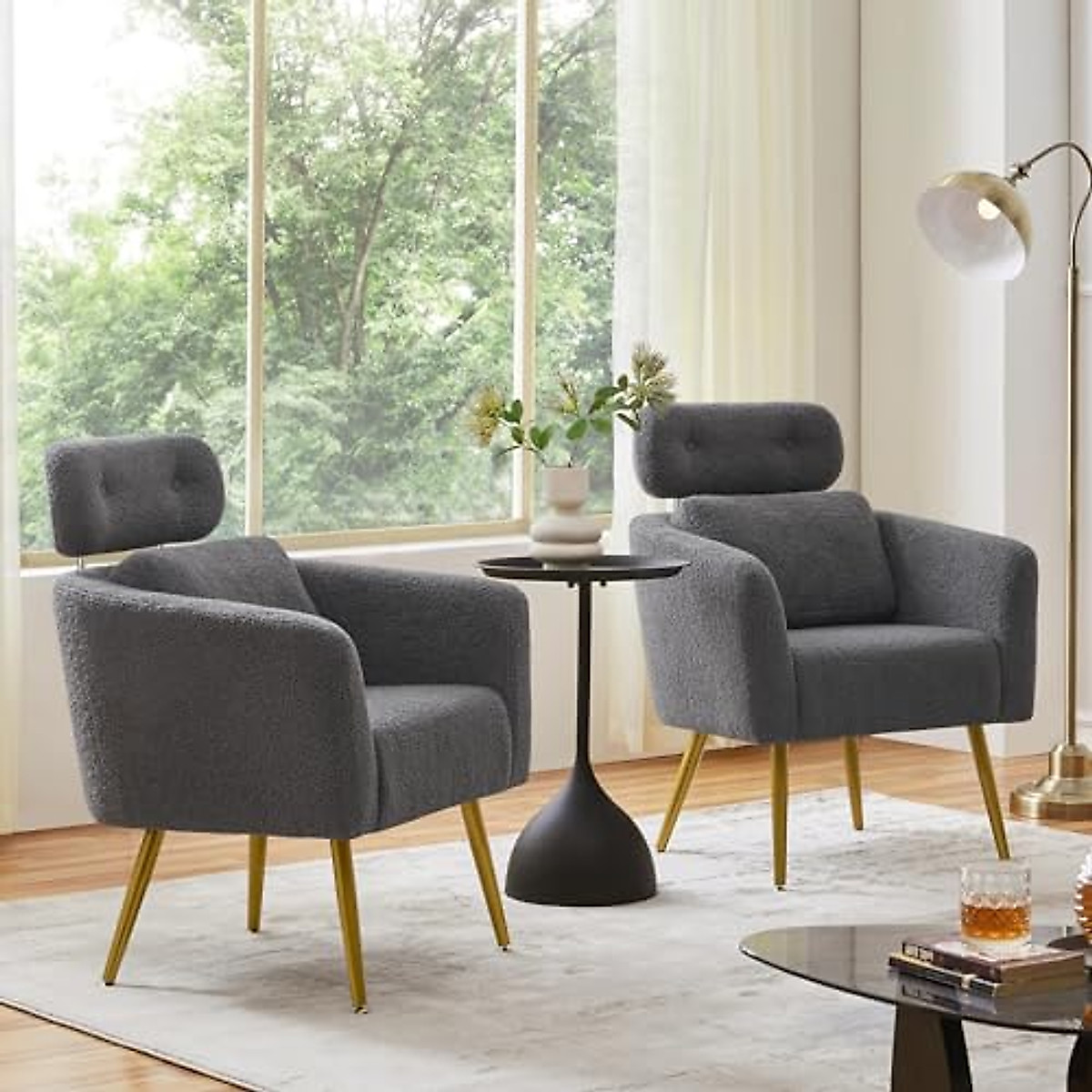 Yaheetech Accent Chair, Cozy Living Room Chair Adjustable Headrest, Boucle Vanity Chair Lumbar Pillow Golden Legs, Modern Armchair Bedroom, Dark Gray