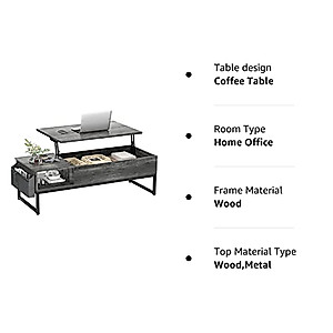 Aheaplus Lift Top Coffee Table with Storage, Wood Lifting Top Central Table Metal Frame, 43.3" Lift Tabletop Tea Table with Side Pouch, Cocktail Table Modern Pop up Adjustable Table for Living Room
