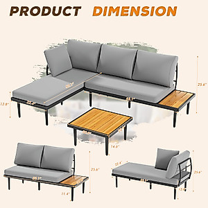 Devoko Outdoor Sectional Furniture Patio Sectional Sofa with Acacia Wood Table, Patio L-Shaped Conversation Set with All-Weather Cushion for Patio,Garden,Backyard(Gray)