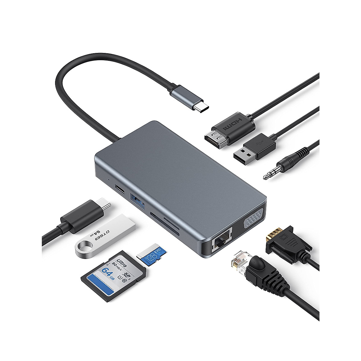 USB C Hub, 9-in-1 USB C Hub Multiport Adapter with USB 3.0, 4K HDMI, 100W PD Charging, SD/TF Card Reader, RJ45 Ethernet, VGA and Audio Jack, Hurple USB-C Hub for MacBook Pro iPad Pro and More