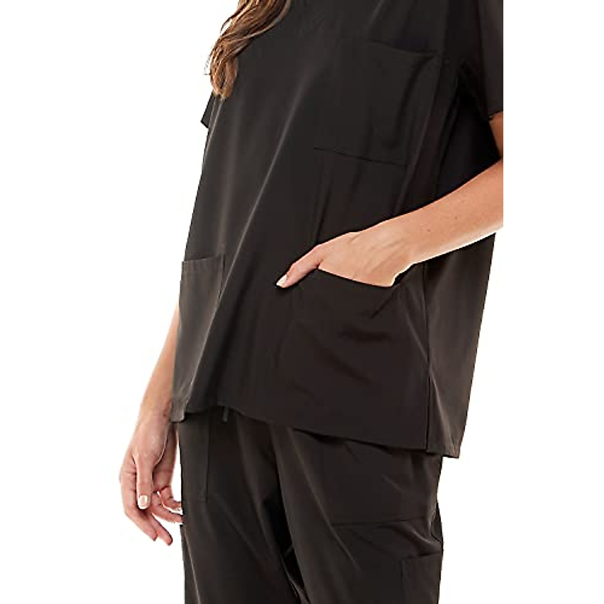 MEDPIA Women's Medical Uniform Set – 4 Way Stretch Lightweight 8 Pockets V-Neck Top Drawstring Elastic Waist Pants Nursing Black 4X