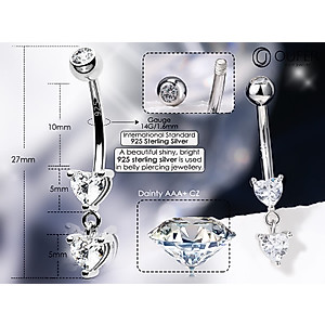 OUFER 14G Belly Rings, Dangle Belly Button Ring, 925 Sterling Silver Heart Belly Piercing Jewlery, Clear CZ Navel Piercing Jewelry for Women Men