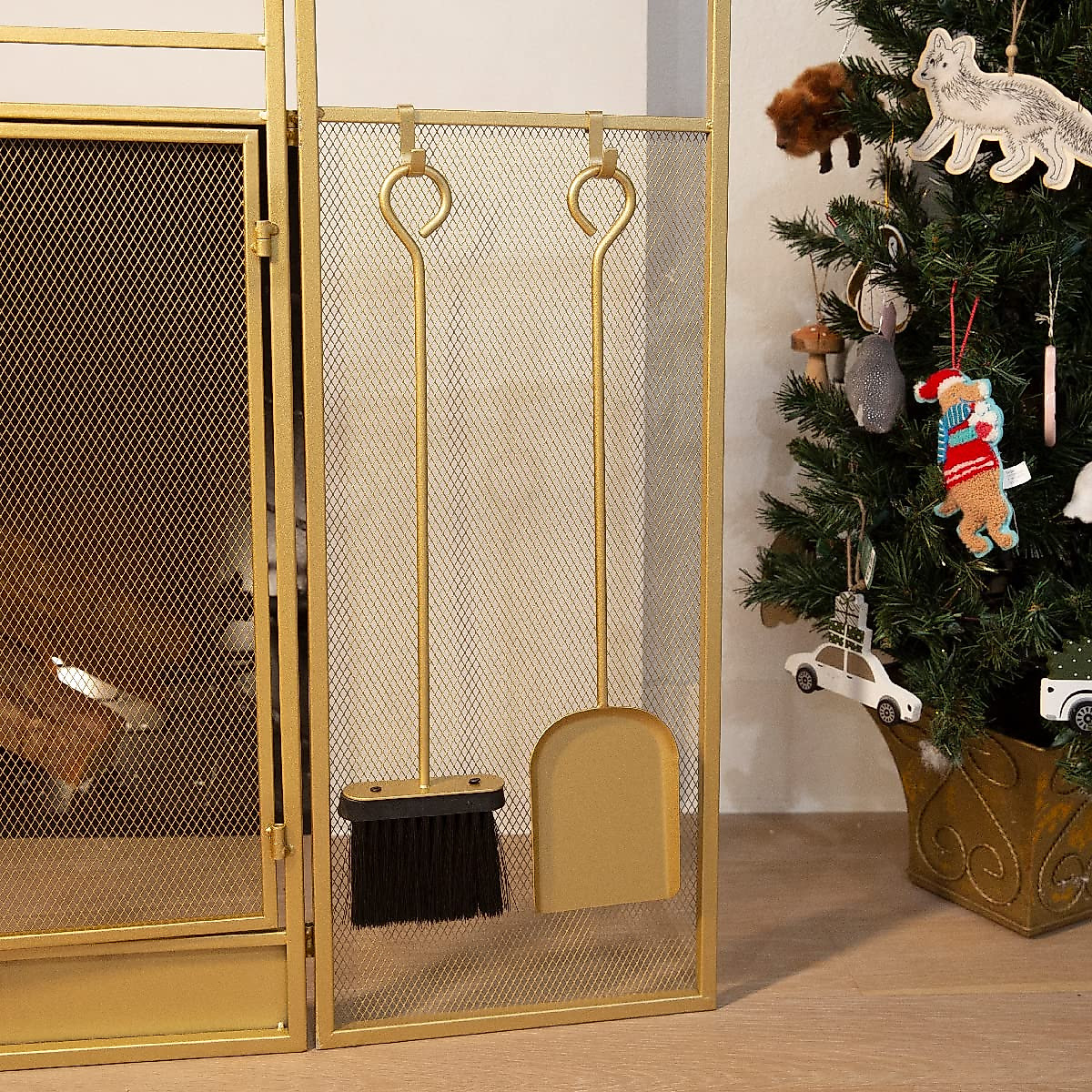 Barton 48" Fireplace Screen 3-Panel Folding Magnetic Doors with 4-Pieces Fire Place Tools Set Steel Fire Spark Guard, Gold