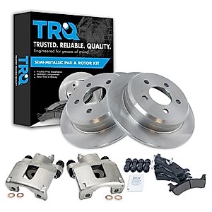 TRQ Rear Brake Pad & Rotor Kit Brake Caliper Brake Pads Brake Rotor Semi-Metallic Solid Compatible with 1995-1998 Jeep Grand Cherokee