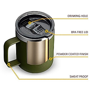 ALOUFEA 12oz Stainless Steel Insulated Coffee Mug with Handle, Double Wall Vacuum Travel Mug, Tumbler Cup with Sliding Lid, Army Green