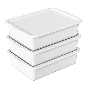 Hespama 3 Pack Commercial Bus Tub with Lid, 13 L Plastic Dishpan Wash Basin, White