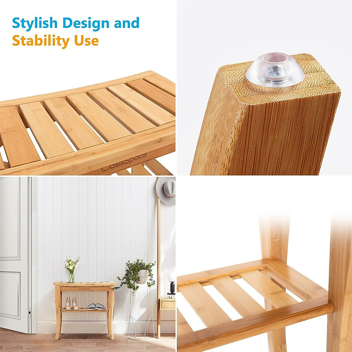 OasisSpace Bamboo Shower Bench, 19" Waterproof Shower Chair with Storage Shelf, Wood Spa Bath Organizer Seat Stool, Perfect for Indoor or Outdoor