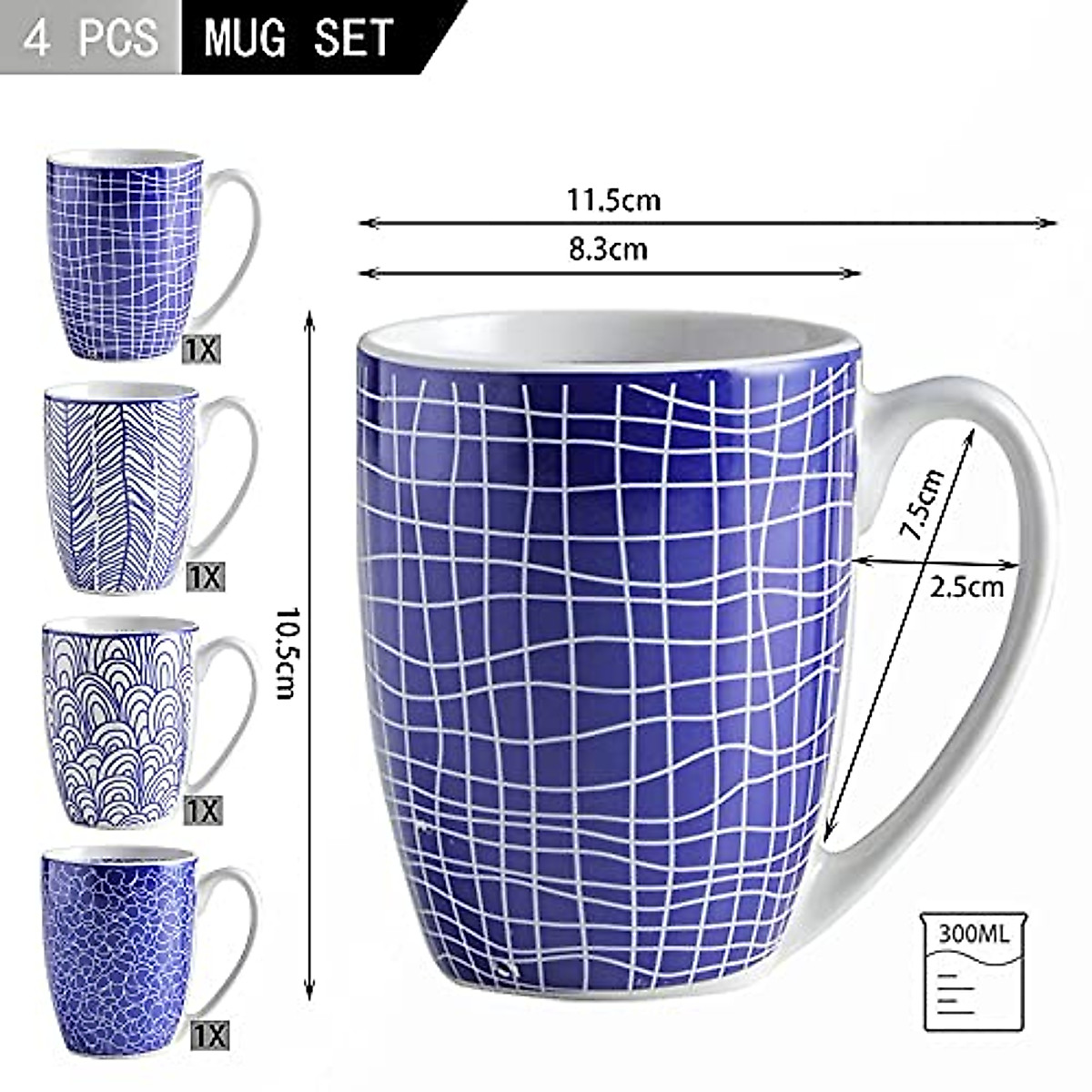 vancasso Porcelain Coffee Mug Set, Takaki 300 ml/10.6 Ounce Coffee Tea Cup Set of 4, for Cappuccino/Latte/Tea, Blue