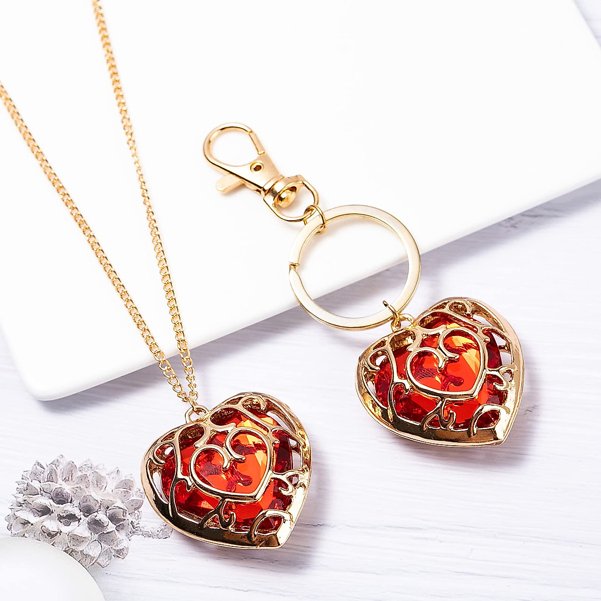 Winssigma Cosplay Necklace and Keychain Jewelry Set for Men and Women, Vintage Pendant Necklace for Fans(Ruby Heart)