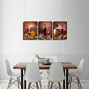 Baisuwallart-3 Pieces Kitchen Wall Decor Red Wine Cups HD Modern Framed Wall Art Drink Food and Beverage Restaurant Canvas Prints Pictures Paintings Wine Glass Barrel for Dining Room