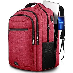 Big Travel Backpack, Large Laptop Backpack, TSA Approved Bag 42L, Anti-Theft Water Resistant Computer Daypack 17.3 Inch with USB Port, Business College Teacher Weekender Back Pack for Men Women, Red