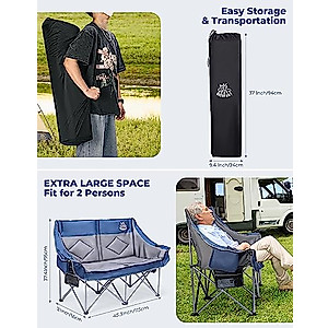 DEERFAMY Foldable Camping Loveseat with Cooler Bag and Cup& Wine Glass Holder,Portable Double Camping Chair for Adults with Padded Seats & Armrests, Heavy Duty Outdoor Loveseat Supports up to 530lbs