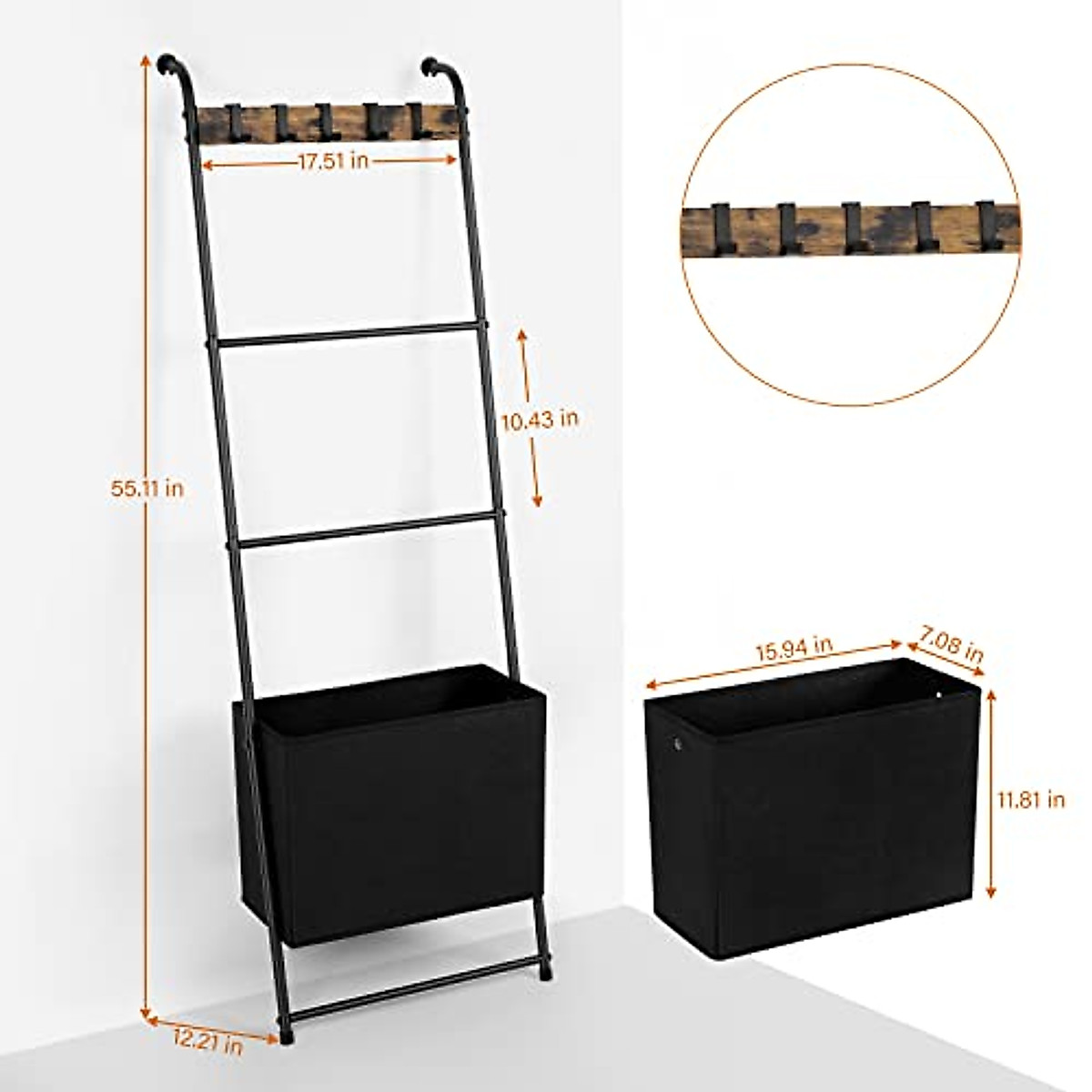 Blanket Ladder with Basket Towel Ladder Blanket Holder with Storage Basket 4 Tier Farmhouse Wall Leaning Ladder Rack with 5 Hanging Hooks for Bathroom Living Room Bedroom Rustic Brown