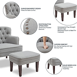 Accent Chair with Ottoman, Living Room Chair, Footrest Set Vintage Brass Studs, Button Tufted Upholstered Armchair for Room, Comfy Reading Bedroom, Reception (Grey)