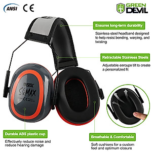 GREEN DEVIL Hearing Protection Ear Muffs SNR 27dB/NRR 22dB Noise Reduction Head Band Earmuff For Shooting Mowing Construction Manufacturing Woodwork 2pack