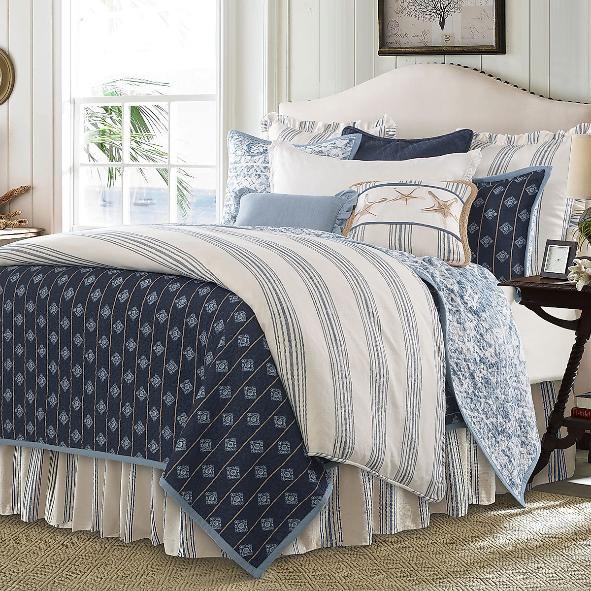HiEnd Accents Skyler 3 Piece Quilt Set with Pillow Shams, Super Queen Size, Cotton Reversible Luxury Bedding, Blue Medallion Striped Coastal Style Bed Set, 1 Quilt and 2 Pillowcases