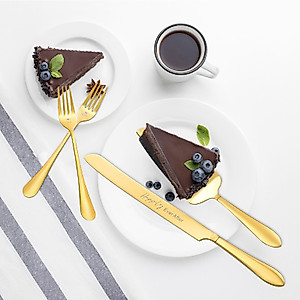 ROXBURGH Wedding Cake Knife and Server Set, Engraved Mr and Mrs Gold Forks Cake Cutting Set Pie Dessert Servers for Wedding Anniversary Bridal Shower Engagement