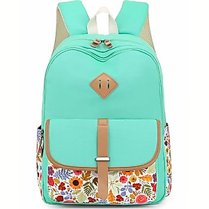 Leaper Girls Canvas Floral Backpack Large Laptop Bag Kids Travel Bag Bookbag Daypack Water Blue