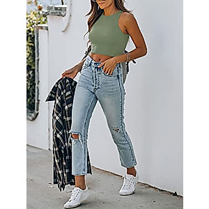 Women’s Sexy Sleeveless High Neck Racerback Cropped Tank Tops Cute Teen Girls Halter Neck Crop Tops Vest Olive Green Medium
