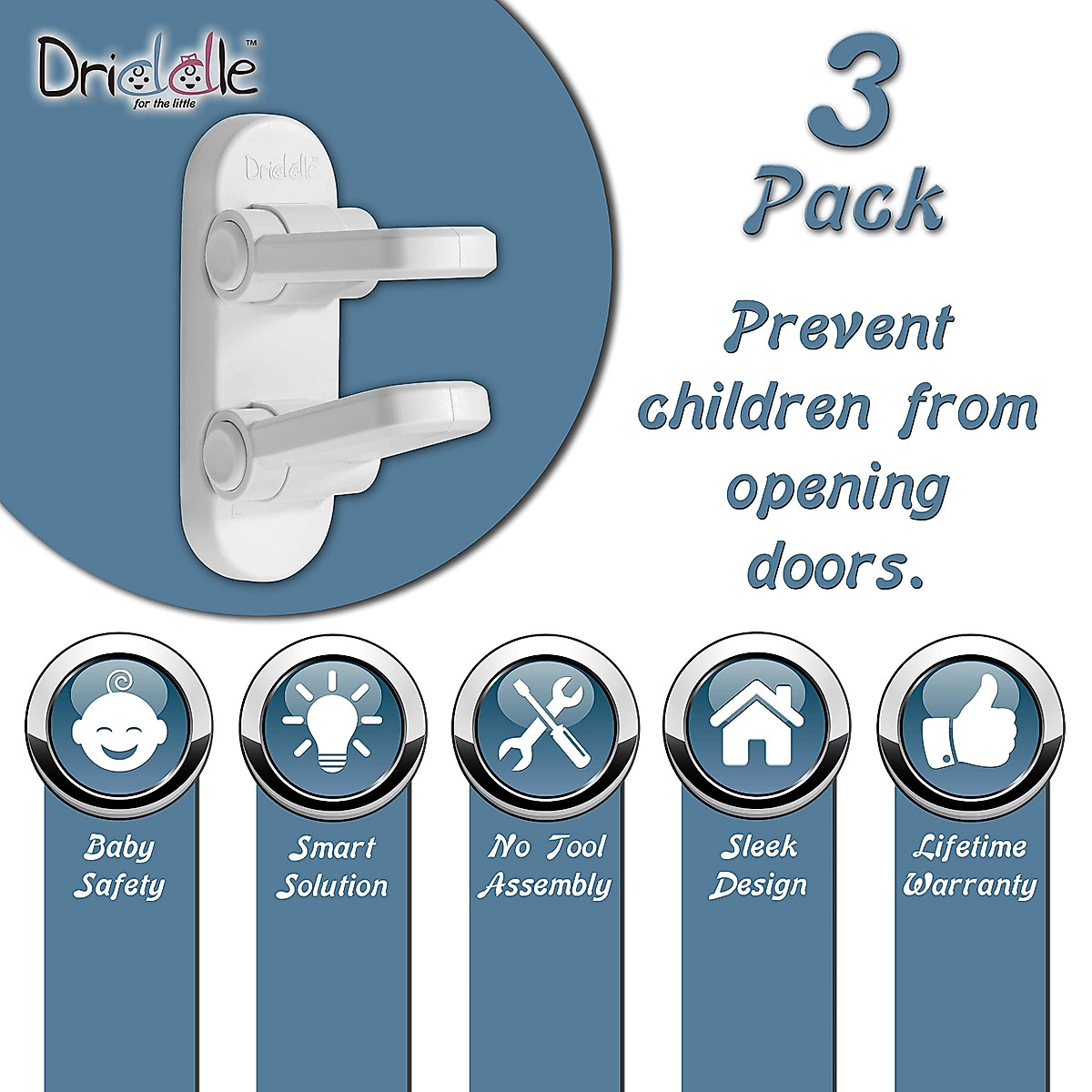 3 Pack - Door Lever Baby Safety Lock - Baby Proofing - Prevent Little Kids from Opening Doors with A Child Proof Door Handle Lock - 3M Adhesive - Driddle