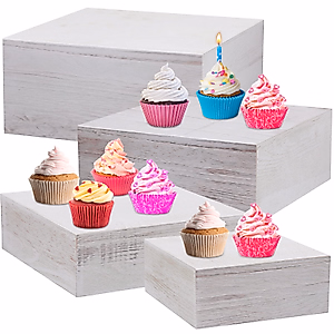 Roowest Set of 4 Wood Display Risers Rustic Cupcake Stand Rustic Wood Cake Stands Wooden Stackable Display Box for Dessert Wedding Birthday Christmas Village Party Decoration(Vintage White)