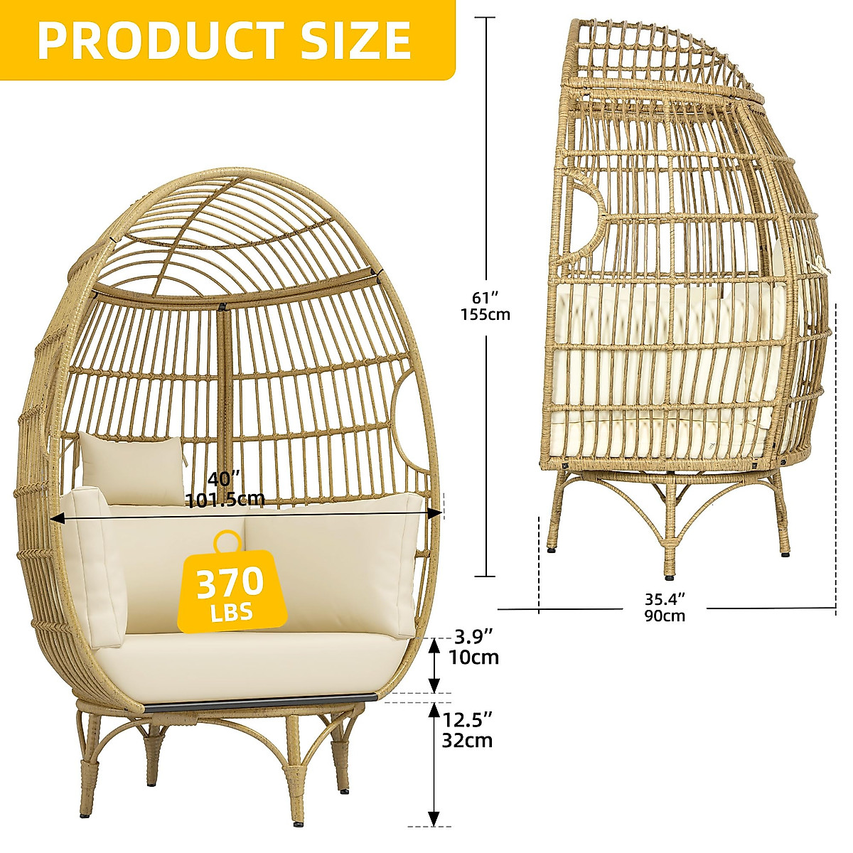 DWVO Outdoor Rotating Egg Chair, Patio Swivel Chair Oversized, 370lb Capacity, Anti-Slip, All-Weather Wicker Egg Lounger Chair for Indoor, Outside (Beige)