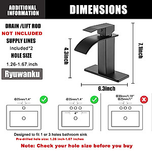 Ryuwanku Bathroom Faucet Matte Black Modern Waterfall Bathroom Sink Faucet with Single Handle Suitable for 1 or 3 Holes,Supply Deck Plate and Hose