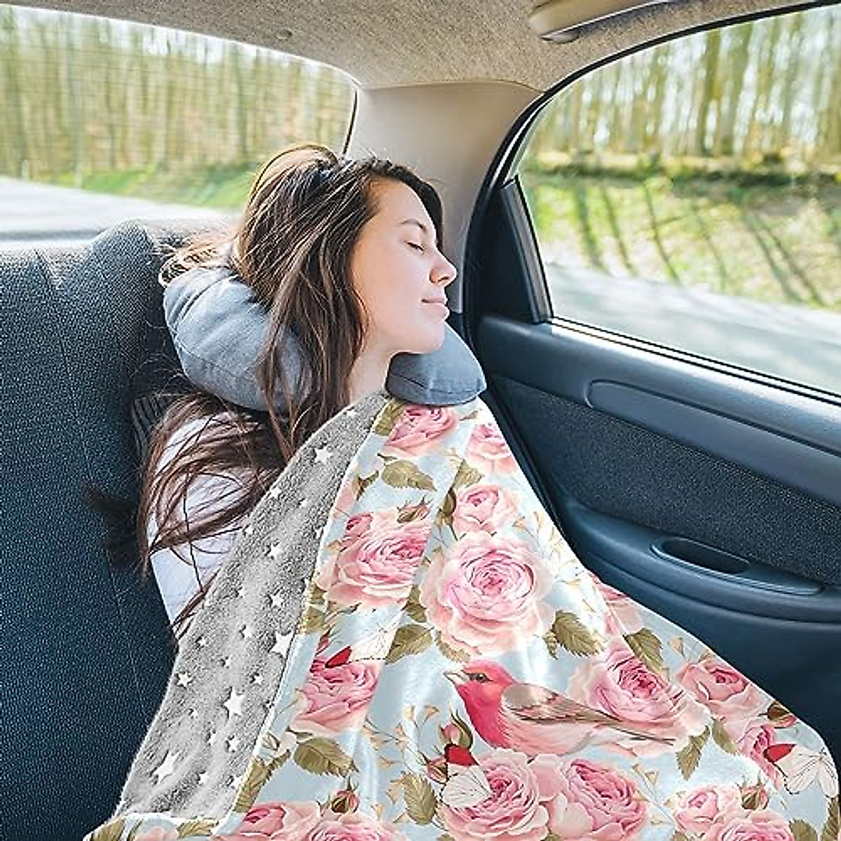 Joko Ivery Roses Birds Flowers Premium Soft Travel Blanket Pillow Airplane Blanket with Hand Luggage Belt & Backpack Clip Travel Pillow and Blanket 2 in 1 for Camping Office Home Train
