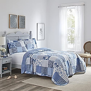 Laura Ashley - Twin Quilt Set, Reversible Cotton Bedding with Matching Sham, Farmhouse Inspired Home Decor (Paisley Printed Patchwork Blue, Twin)