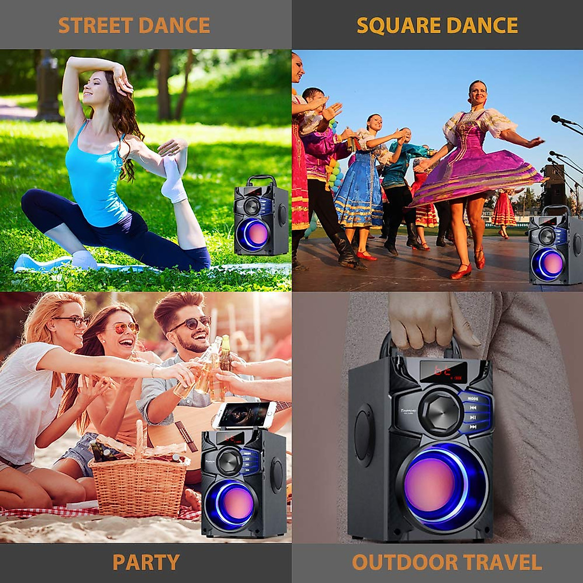 Bluetooth Speakers, Wireless Speaker with Impressive Sound, Rich Bass, Wireless Stereo Pairing, Portable Speaker with Party Light, Support Remote Control FM Radio for Phone Computer PC Home TV