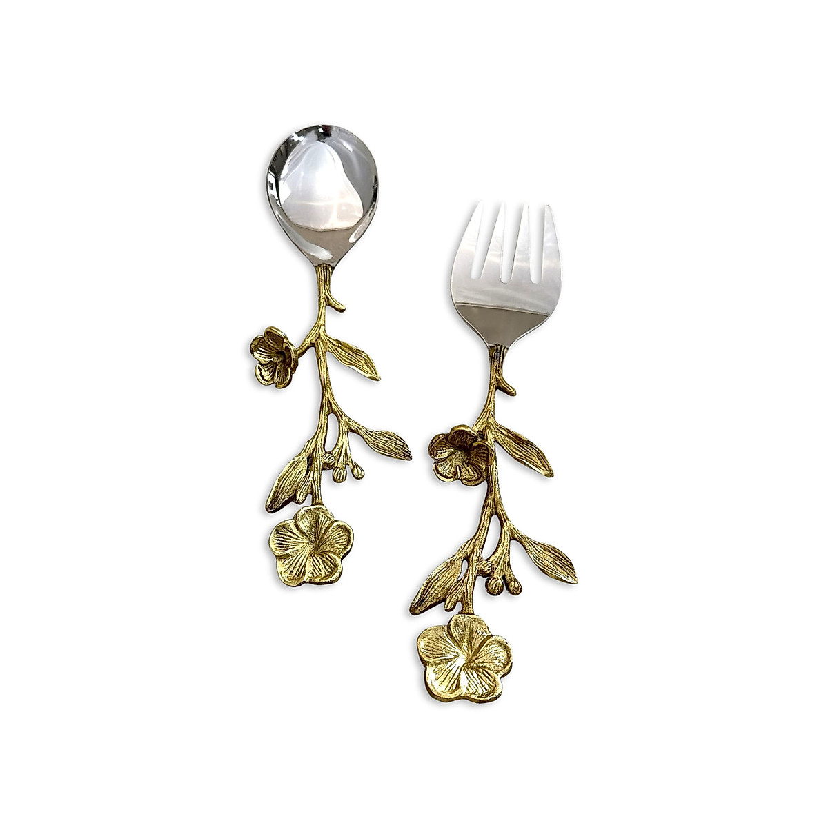 India Handicrafts Flourishing Florals Spoon Fork, Antiqued Gold/Silver Tone 11.5 Inch Stainless Steel Salad Server Set, 75080