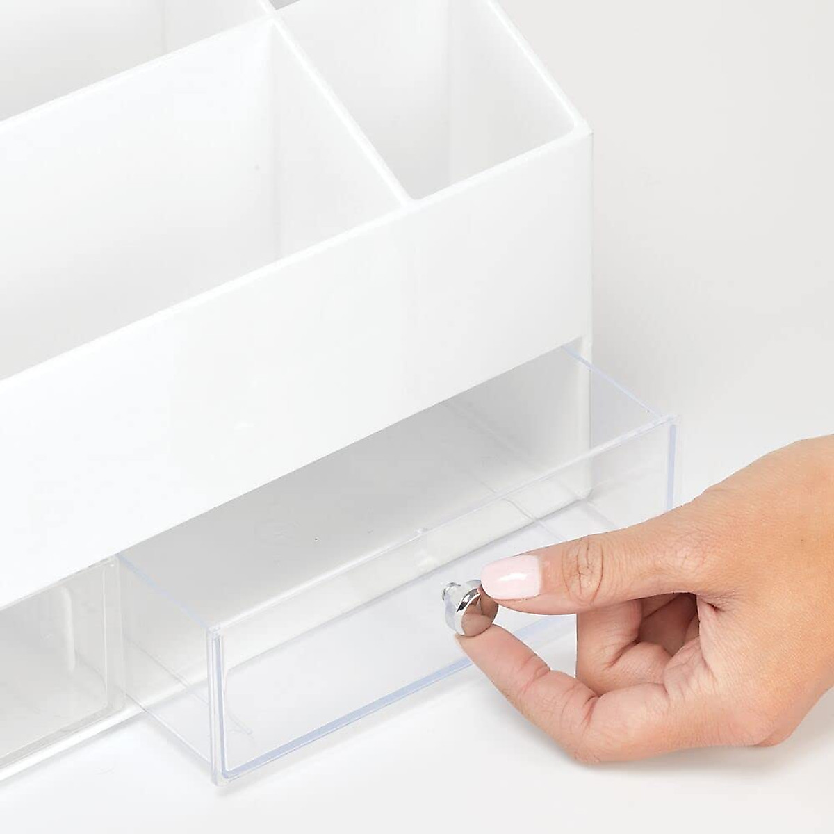 mDesign Plastic Makeup Storage Organizer with 2 Drawers and 5 Divided Sections for Bathroom, Vanity, Cabinet, Countertops - Storage for Cosmetics, Brushes, Blush - Lumiere Collection - White/Clear