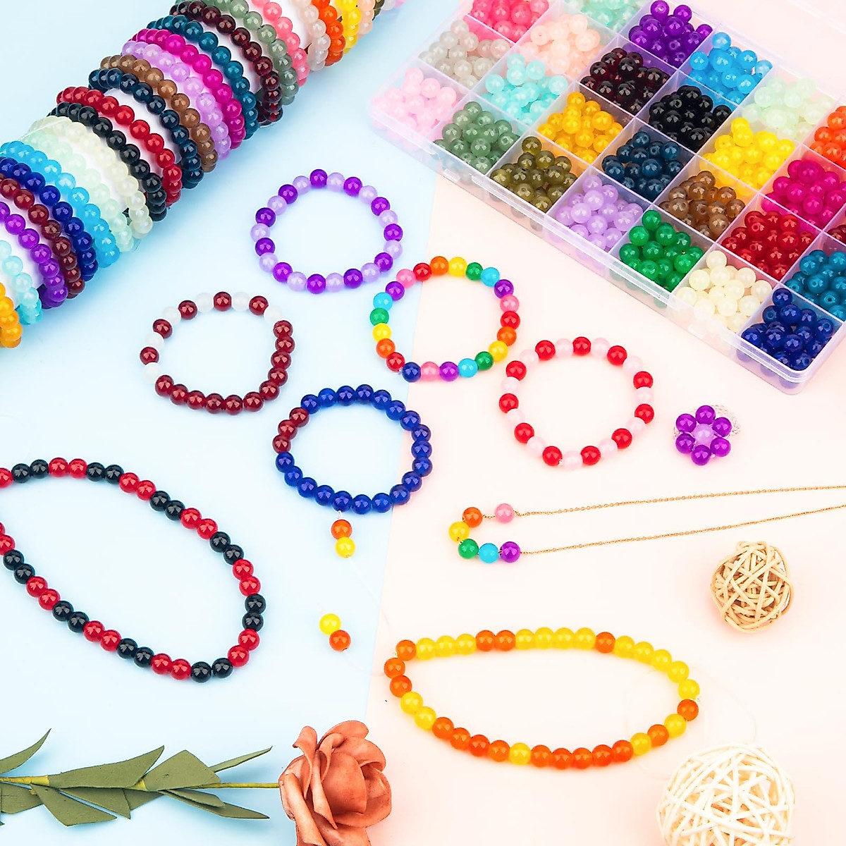 Amsomyin 784pcs 8mm Round Glass Beads for Jewelry Making, 28 Colors Crystal Beads Bracelet Making kit, Suitable for Bracelets, Necklaces, Earrings and Other Jewelry Making and DIY handicrafts.