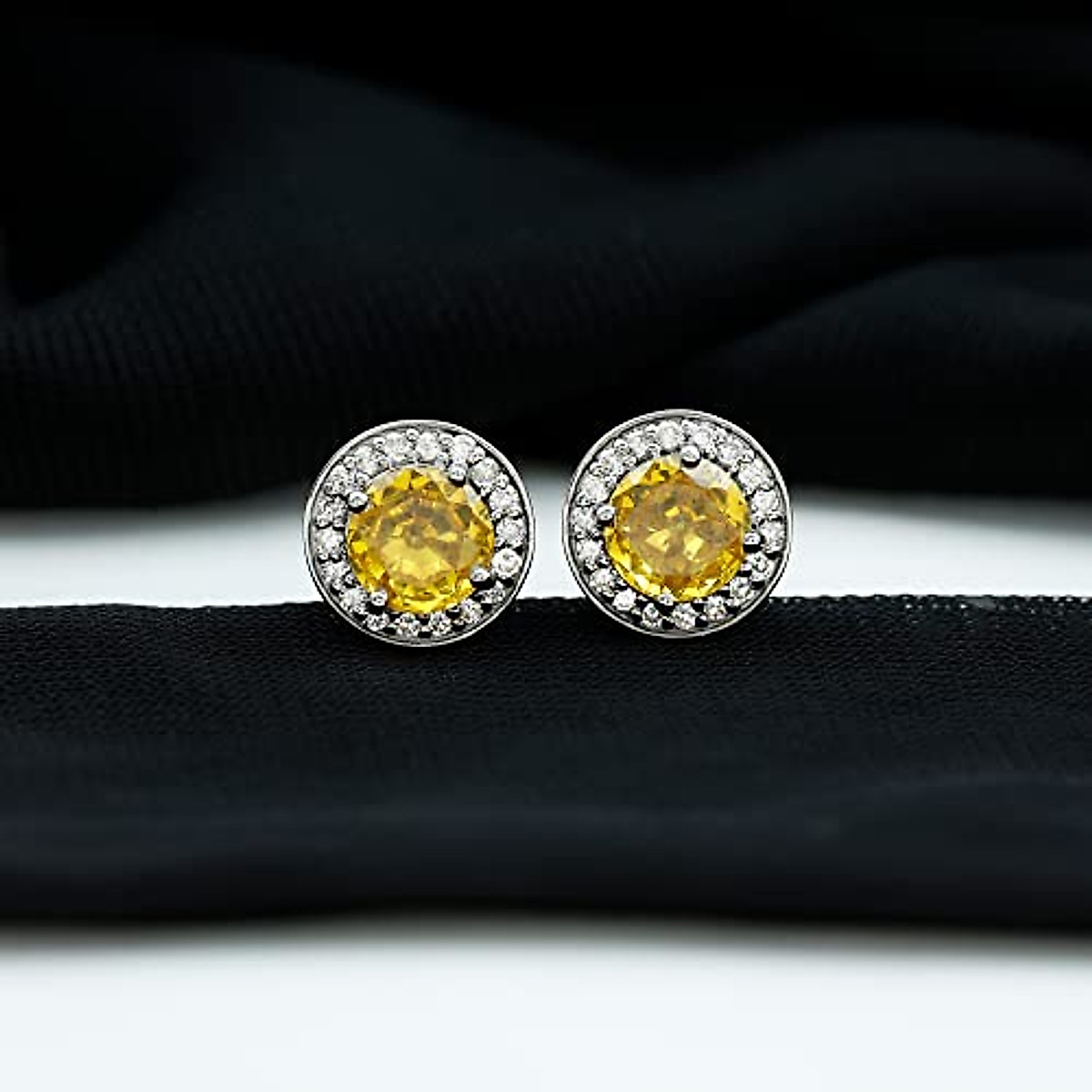 Lab Created Yellow Sapphire and Diamond Halo Stud Earrings | 2.50 Cttw | AAAA Quality, 14K White Gold